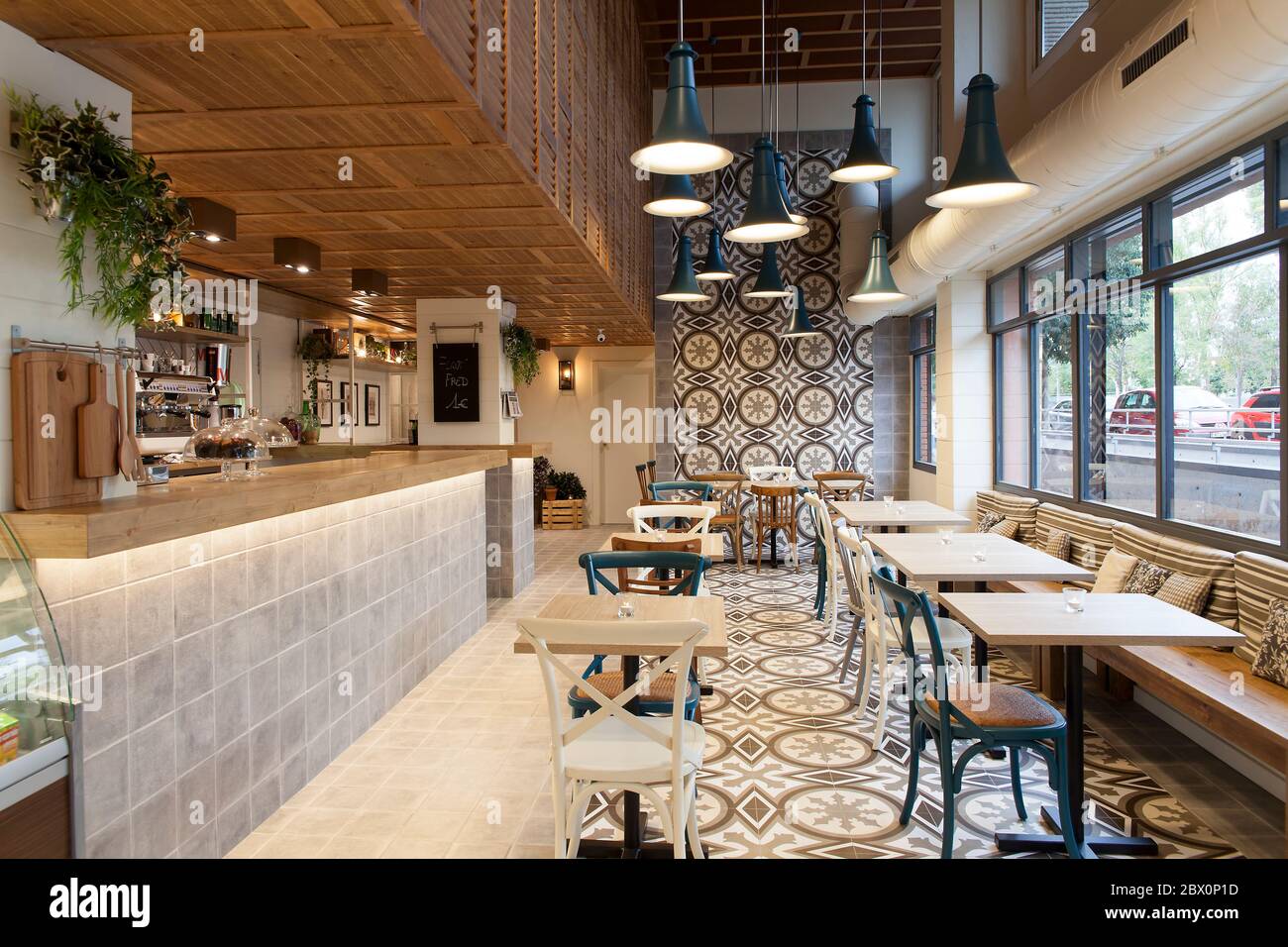 Elegant and modern Coffee shop with ceramic floors and walls. Modernist ...