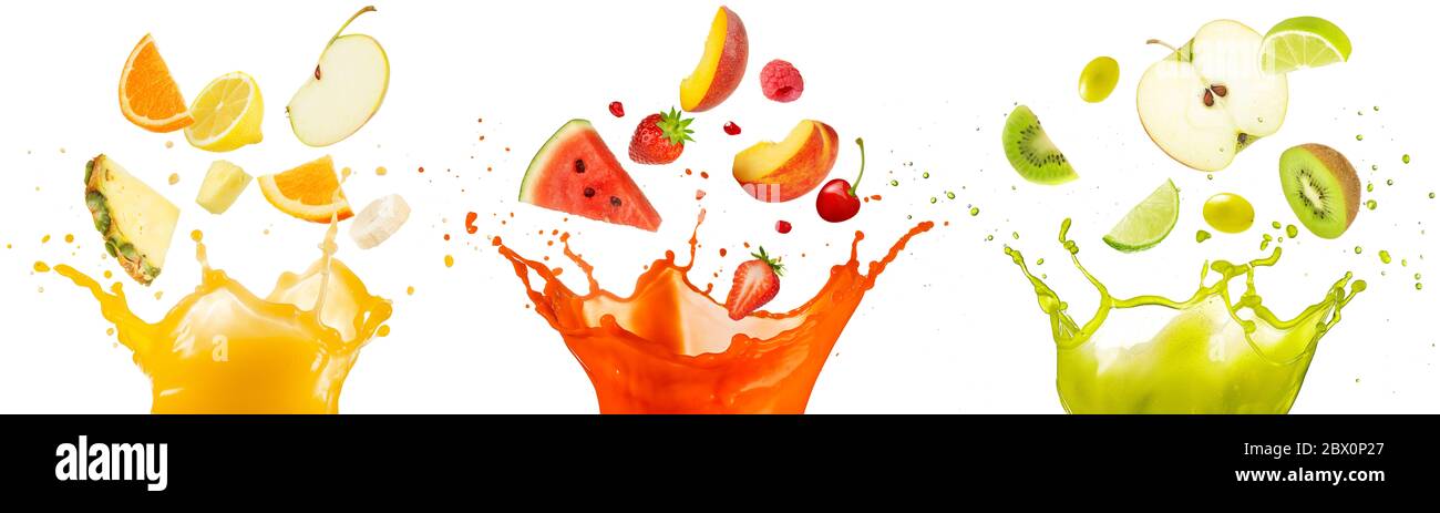 mixed fruit falling into juices splashing on white background Stock ...