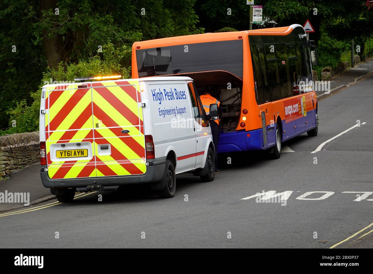 A breakdown van attends a local bus on Spring Bank New Mills ...