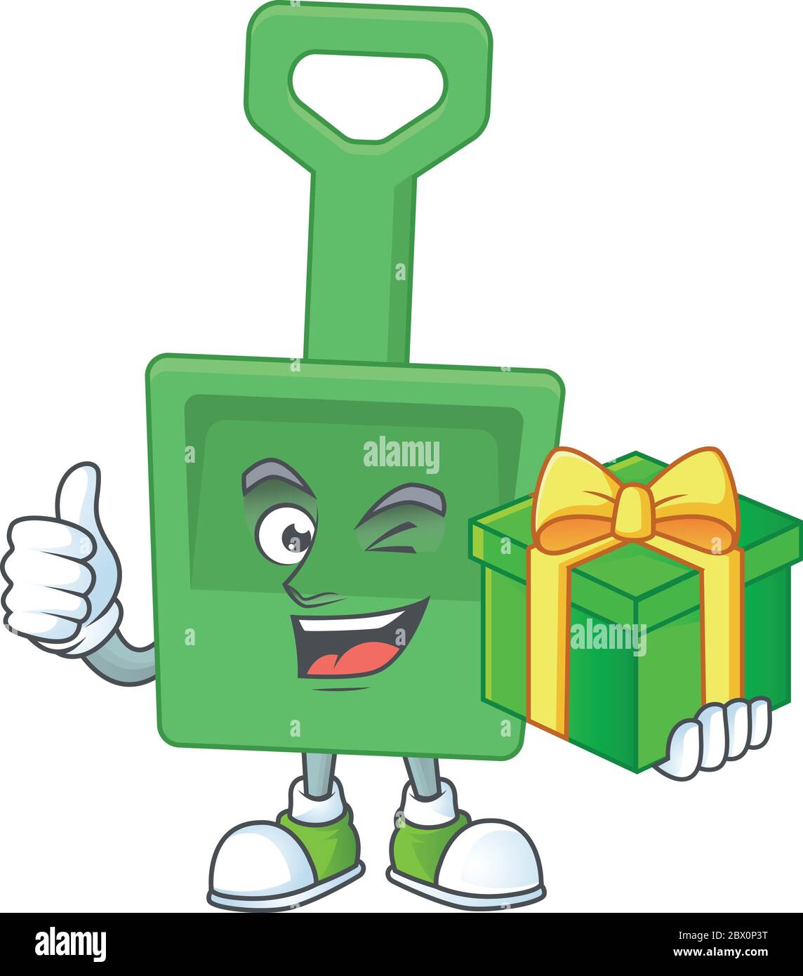 Happy smiley green sand bucket cartoon mascot design with a gift box ...