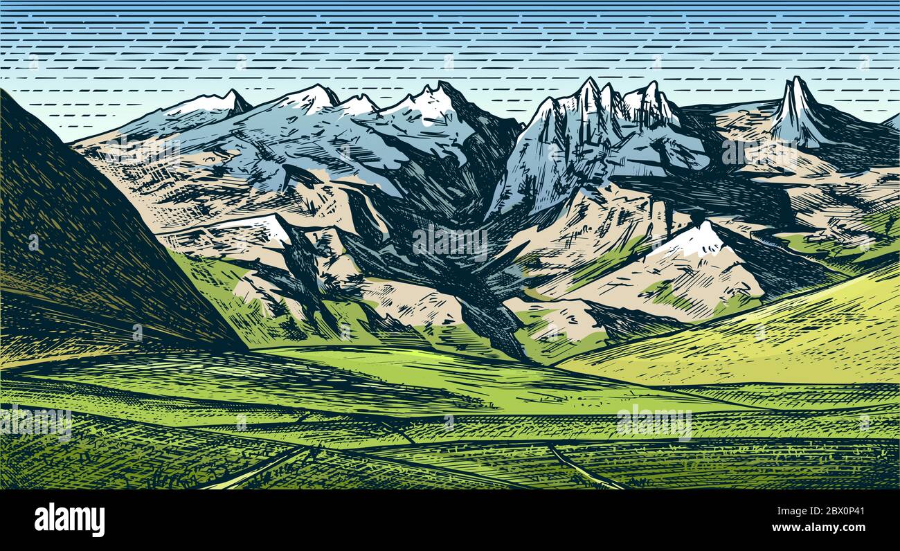 Mountain landscape background. Alpine peaks. Vintage Mount and valley ...