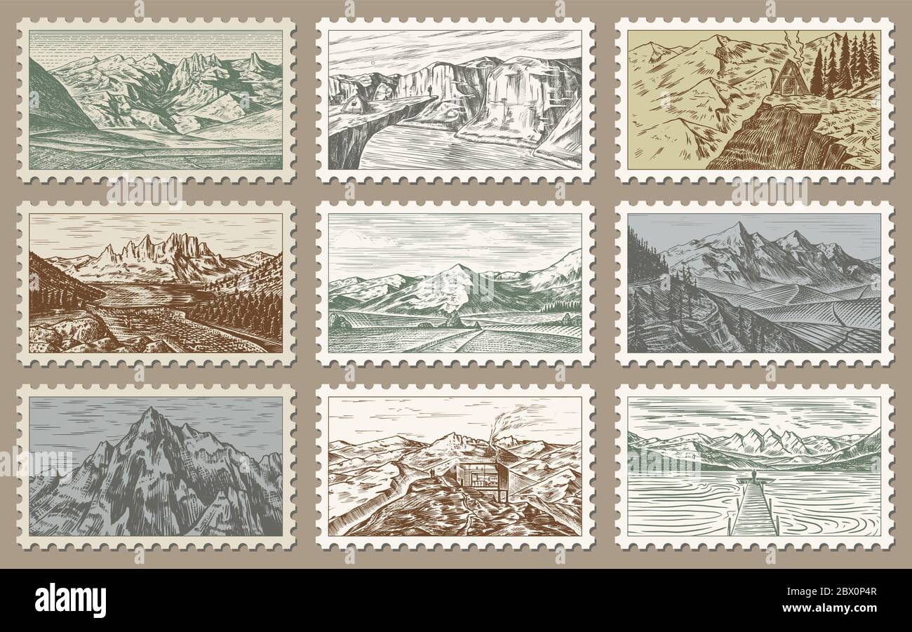 Vintage Post stamps set. Etching mountain landscapes. Retro old Mount ...