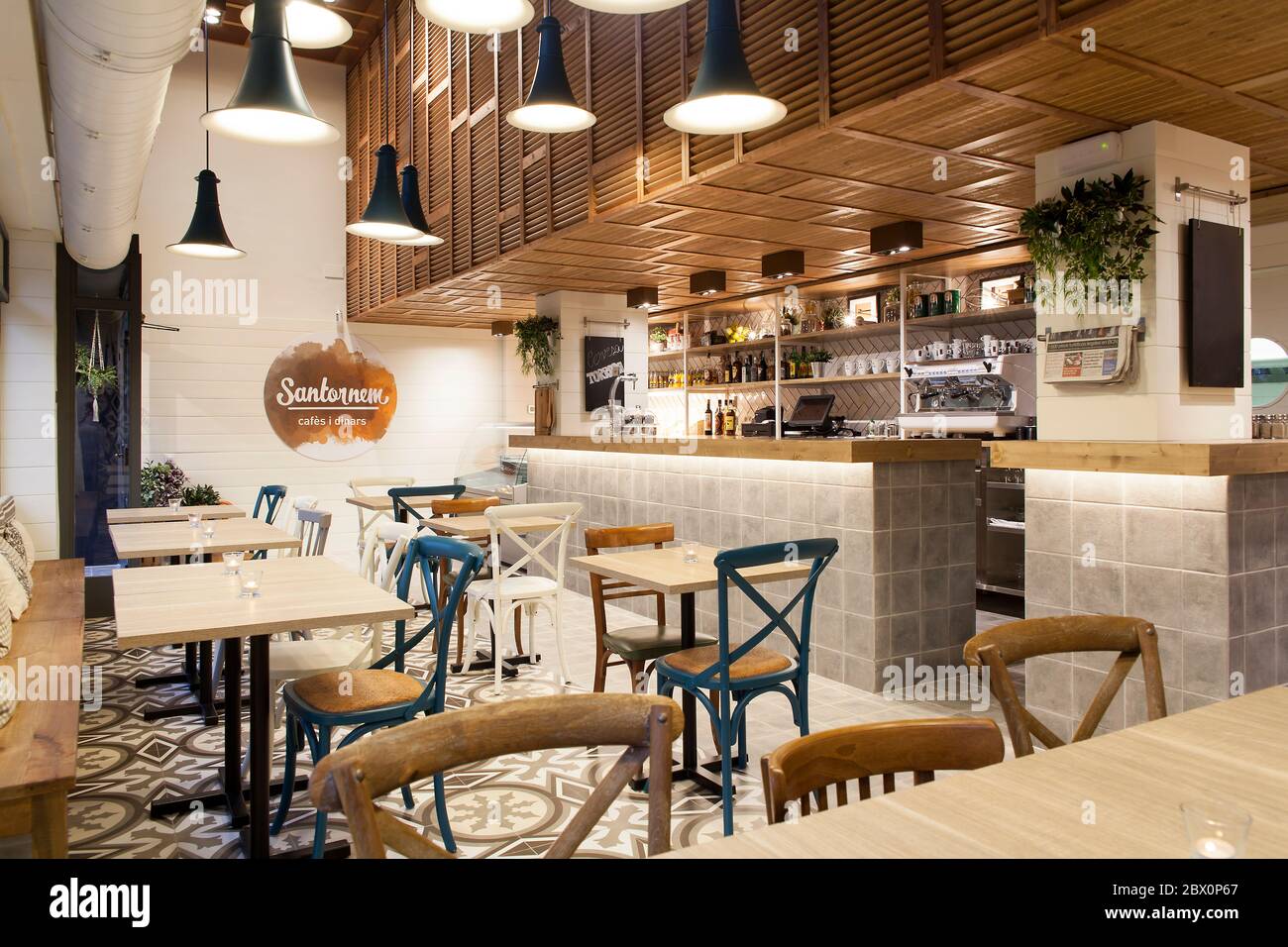 Elegant and modern Coffee shop with ceramic floors and walls. Modernist ...