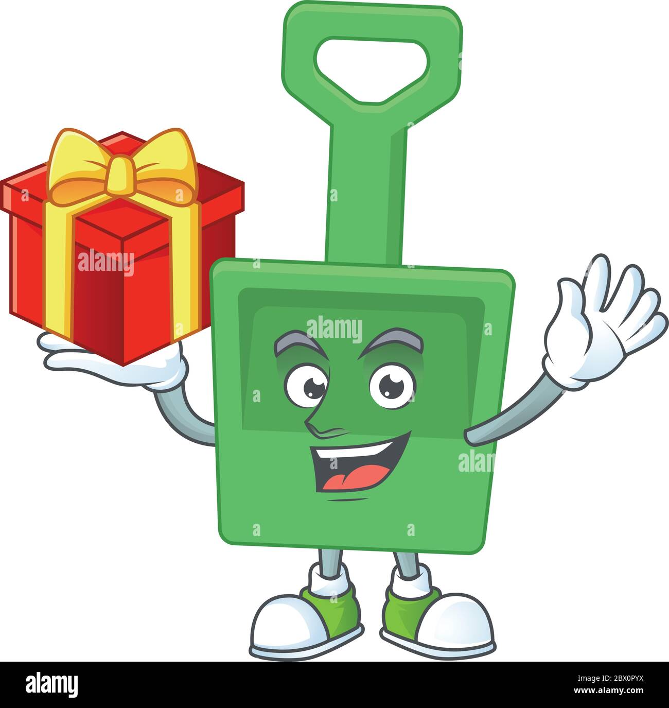 Green sand bucket cartoon mascot concept design with a red box of gift ...