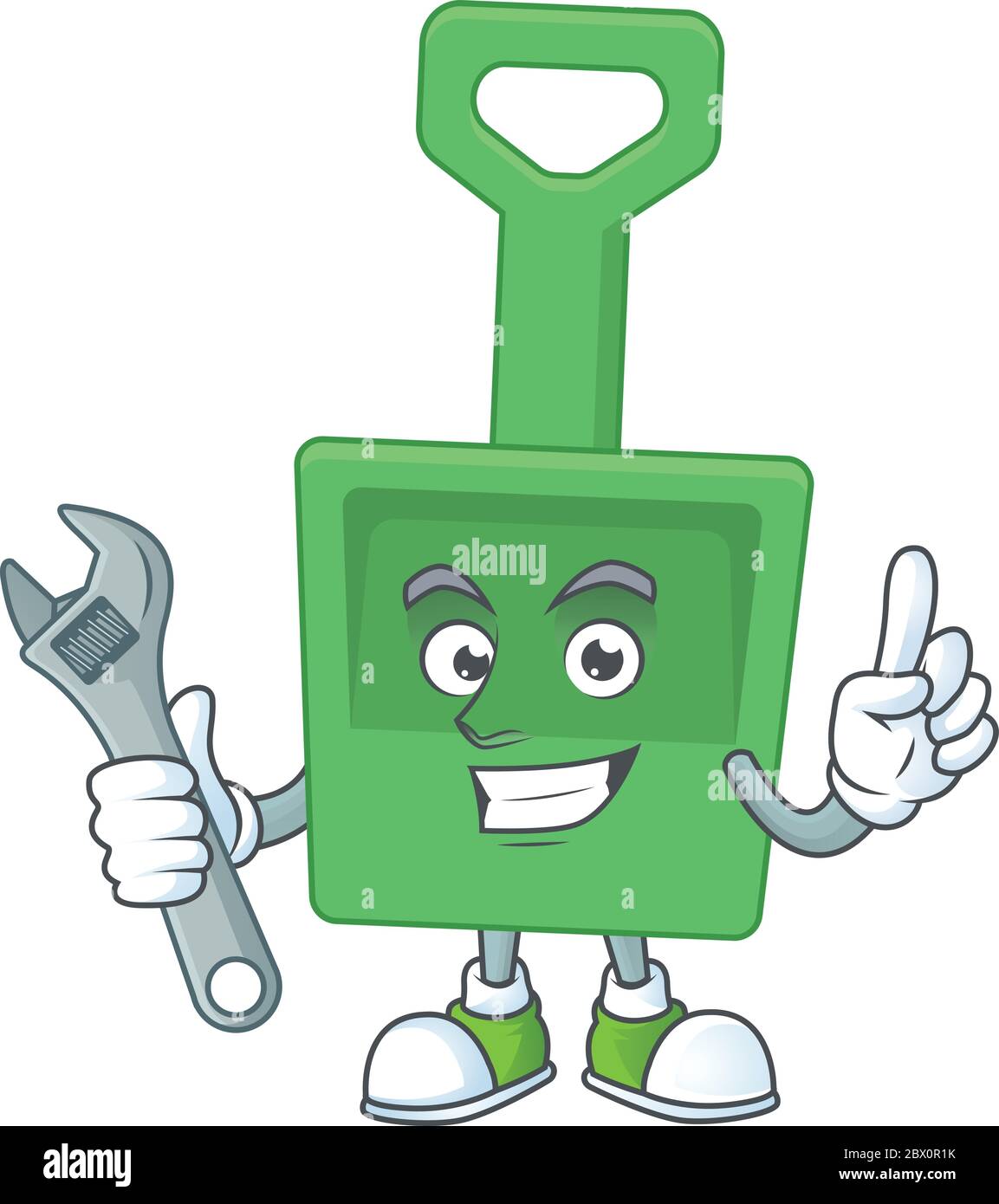 A smart mechanic green sand bucket cartoon mascot design fix a broken ...