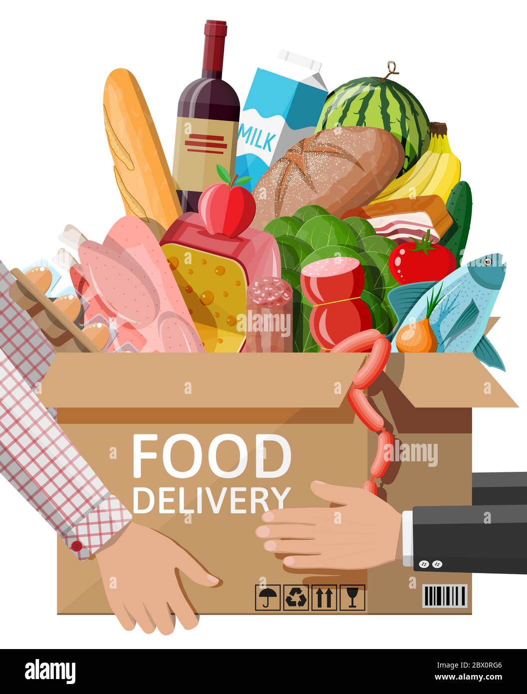 Cardboard box with fresh products in hand. Delivery concept. Grocery ...