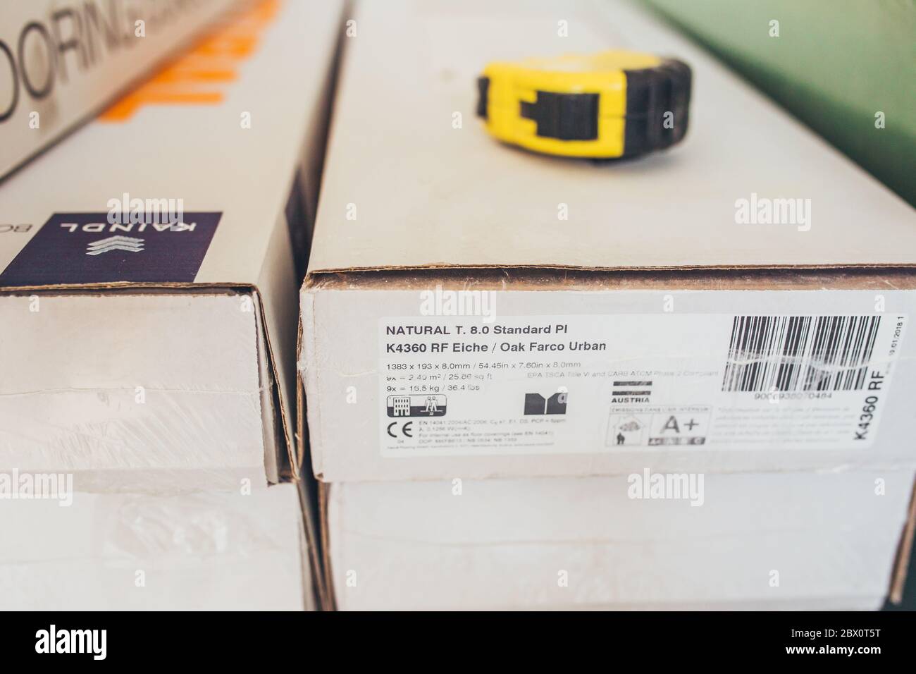 Minsk, Belarus - April 23, 2019: How to lay Austrian laminate Kaindl ...