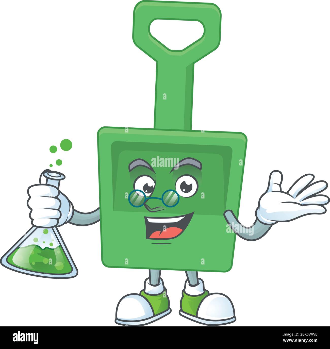 Green sand bucket smart Professor Cartoon character holding glass tube ...