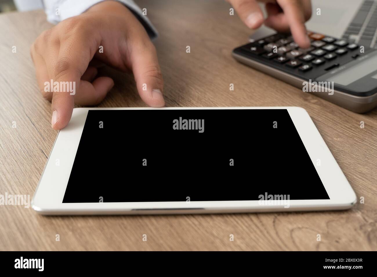 young man working Businessman using a desktop computer of the blank ...