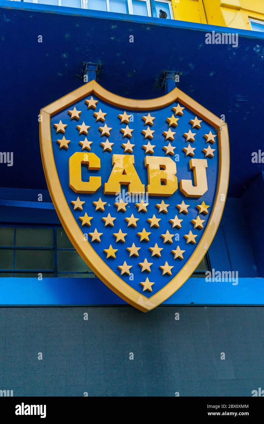 Sign at the outside of the famous Boca Juniors soccer stadium, La Boca ...
