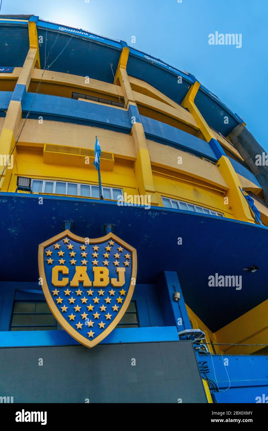 Sign at the outside of the famous Boca Juniors soccer stadium, La Boca ...