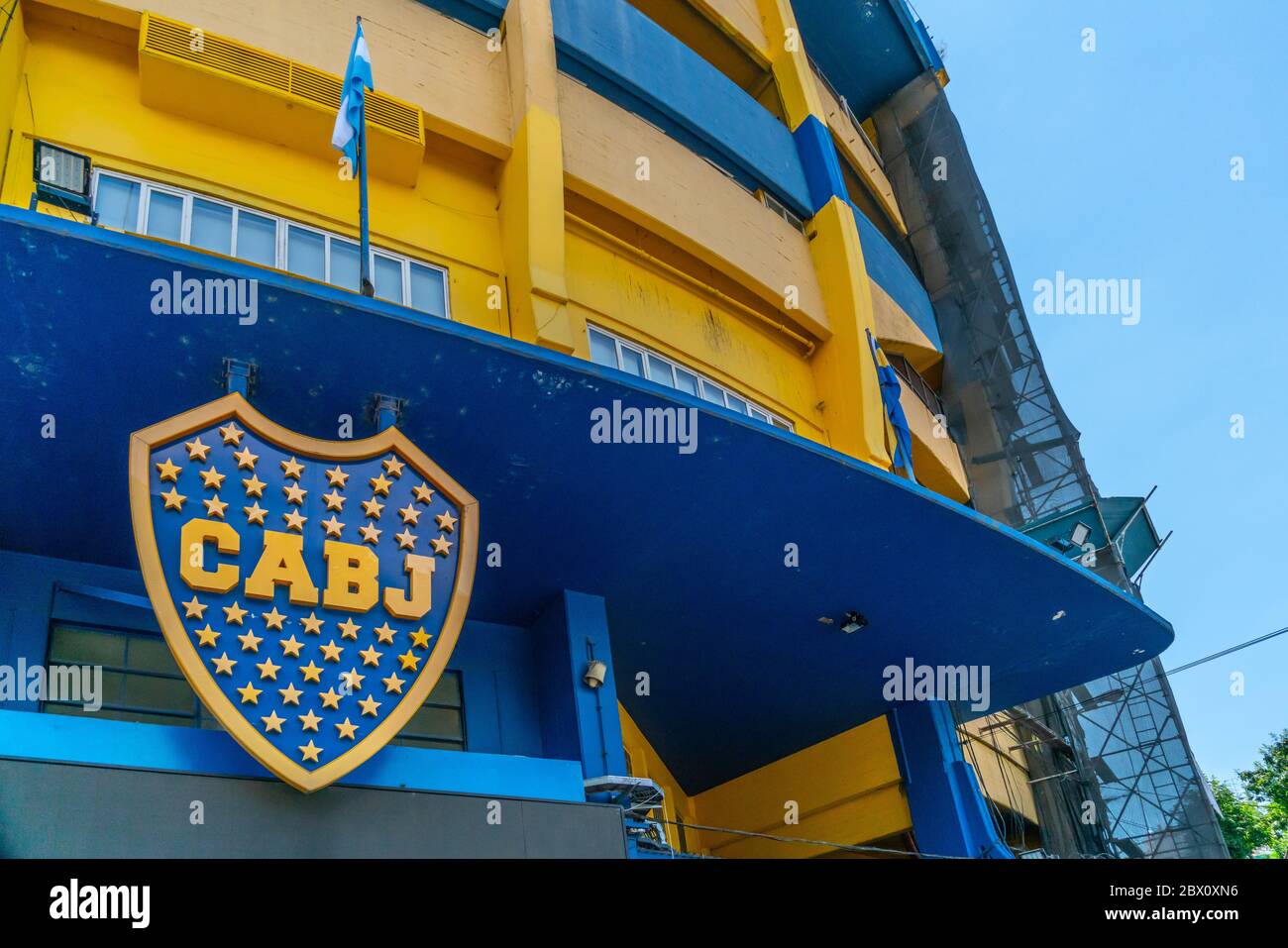 Sign at the outside of the famous Boca Juniors soccer stadium, La Boca ...