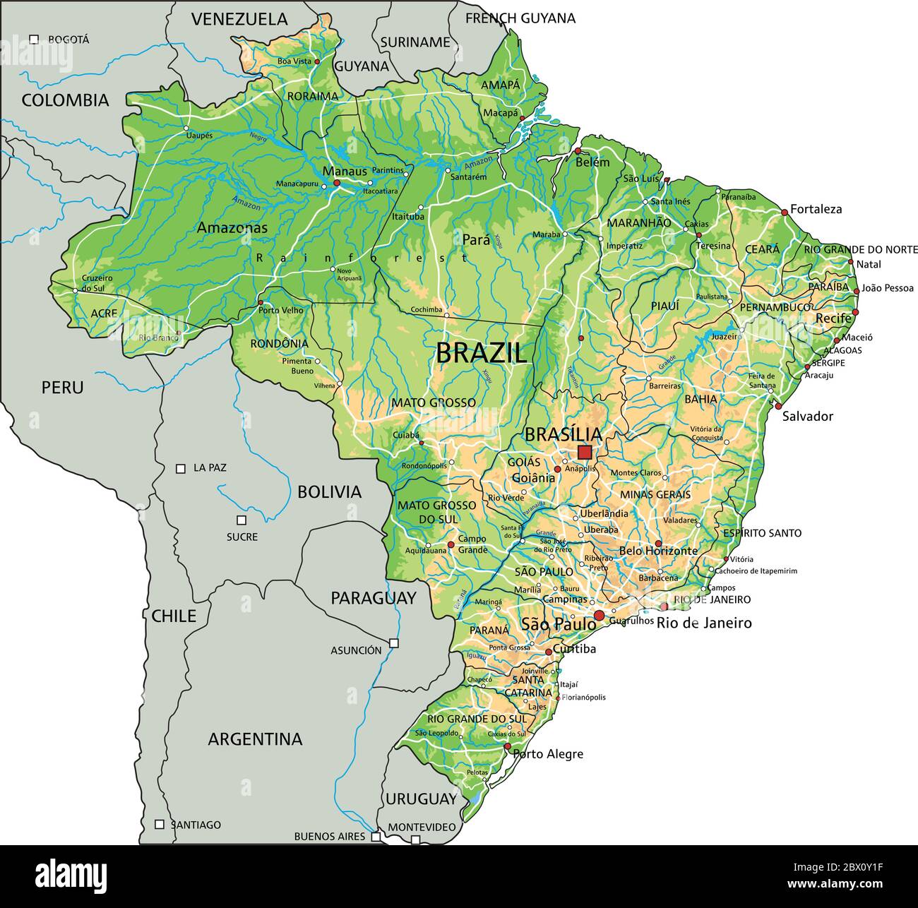High detailed Brazil physical map with labeling Stock Vector Image ...