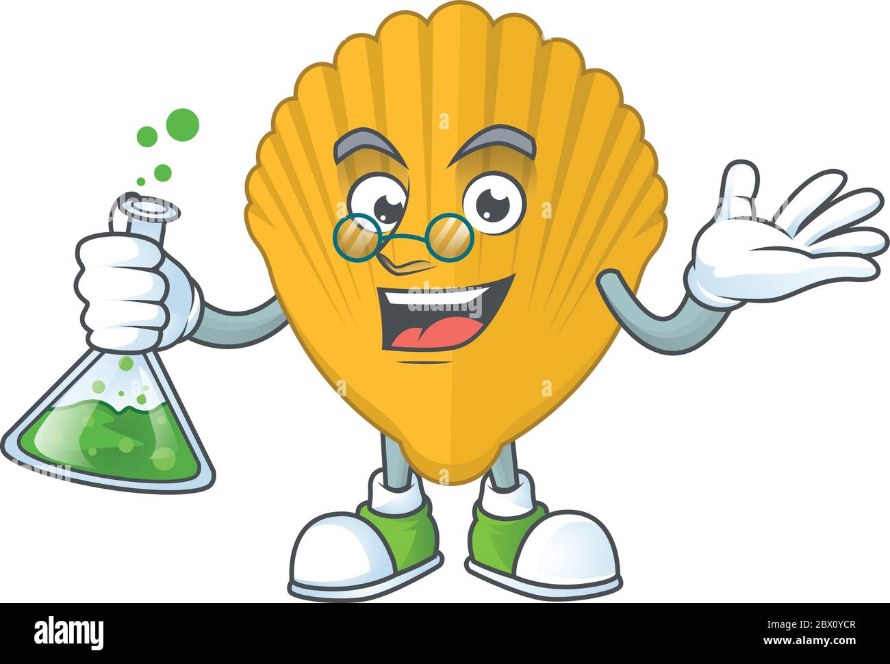 Yellow clamp smart Professor Cartoon character holding glass tube on ...