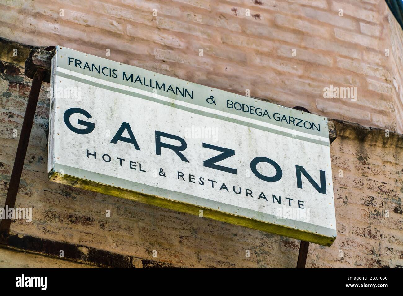 Name sign of the famous Hotel and Restaurant Garzon in Garzon, Uruguay ...