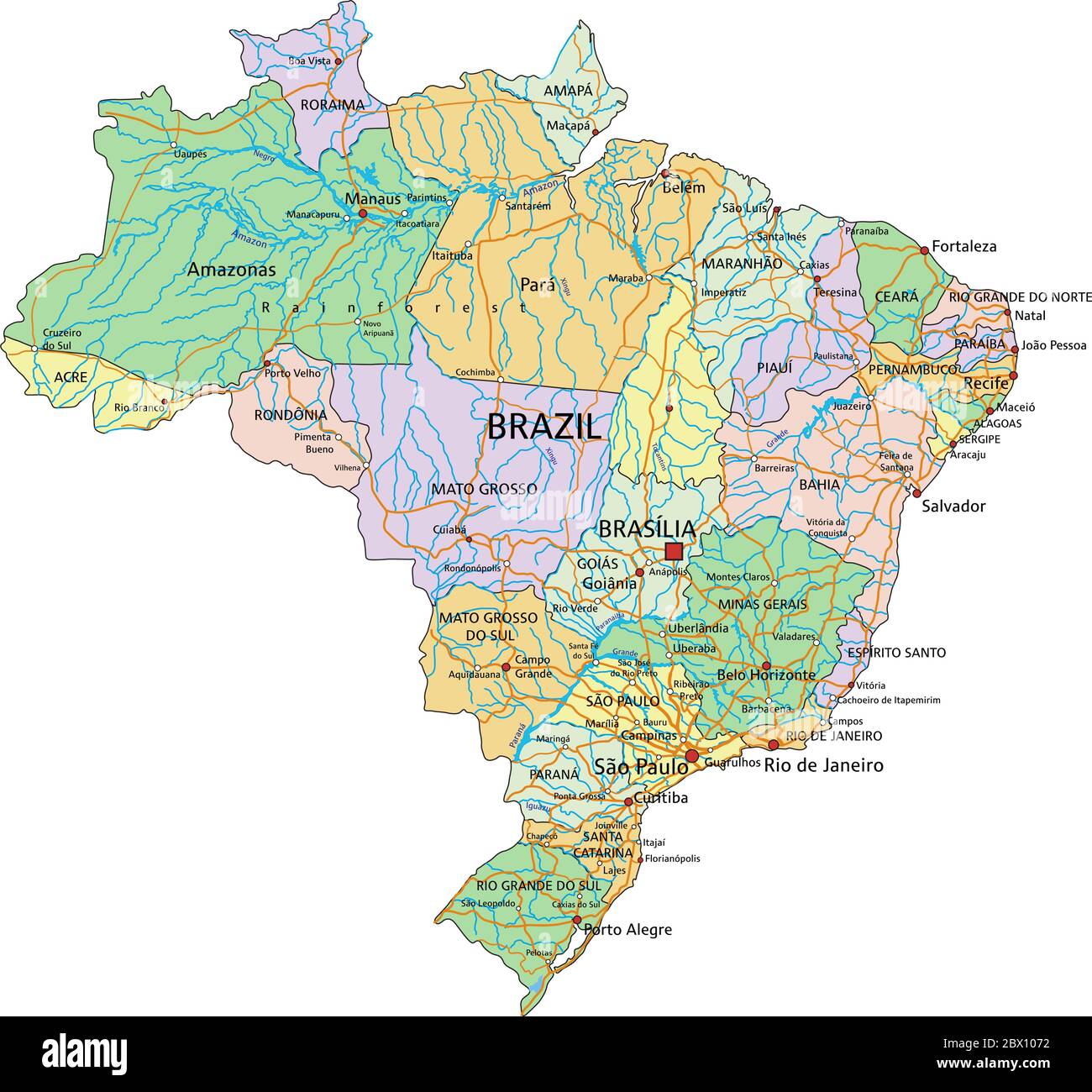 Brazil - Highly detailed editable political map with separated layers ...