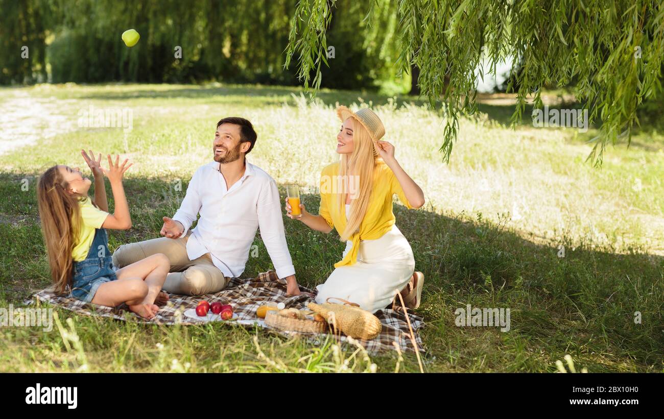 Family On Picnic Having Fun Enjoying Day In Park, Panorama Stock Photo ...