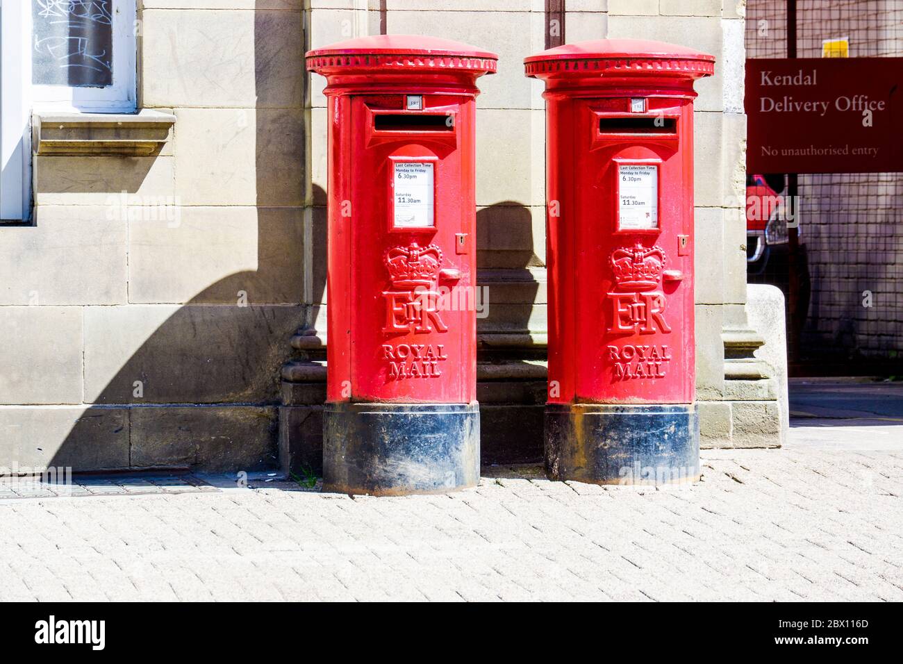 Three posts boxes for letters Lancaster City Stock Photo - Alamy