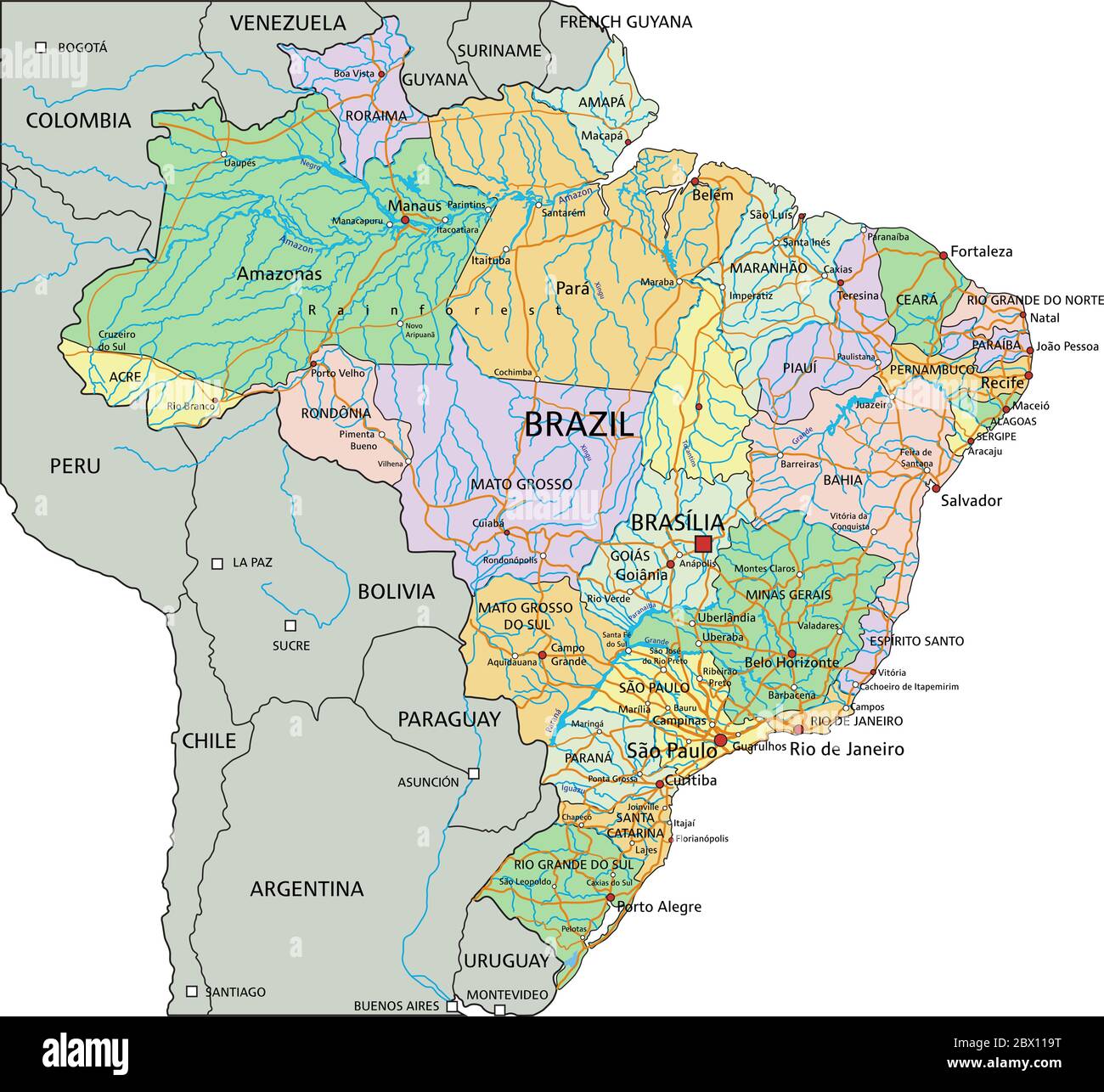 Brazil - Highly detailed editable political map with separated layers ...