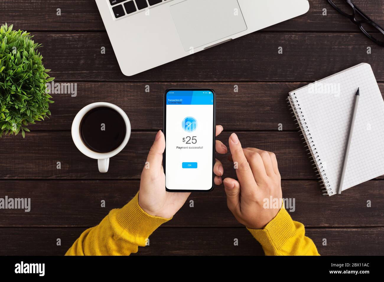 Money Transfer. Female Holding Smartphone With Successful Payment ...