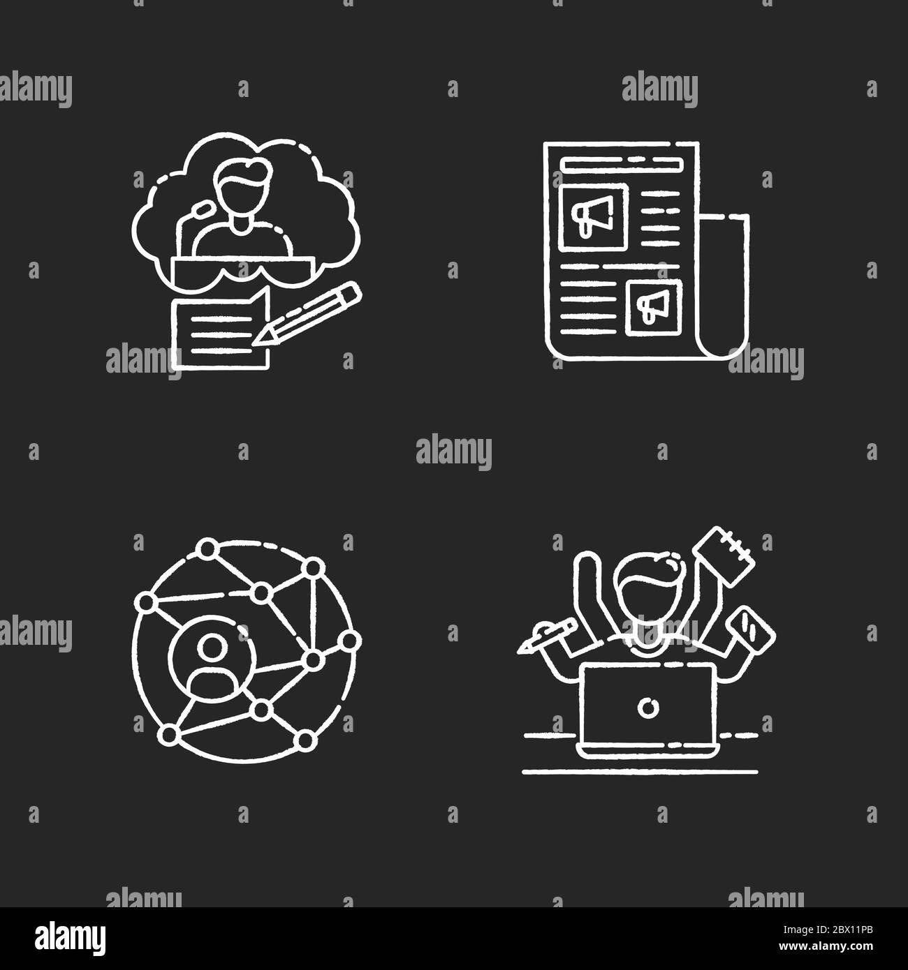 Publication chalk white icons set on black background. Speech writing ...