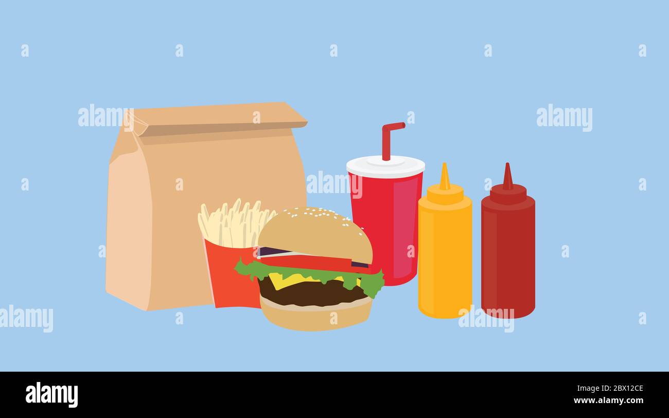 Vector Isolated Illustration of a Burger Take Away Set, with burger, a paper takeaway bag, fries ...