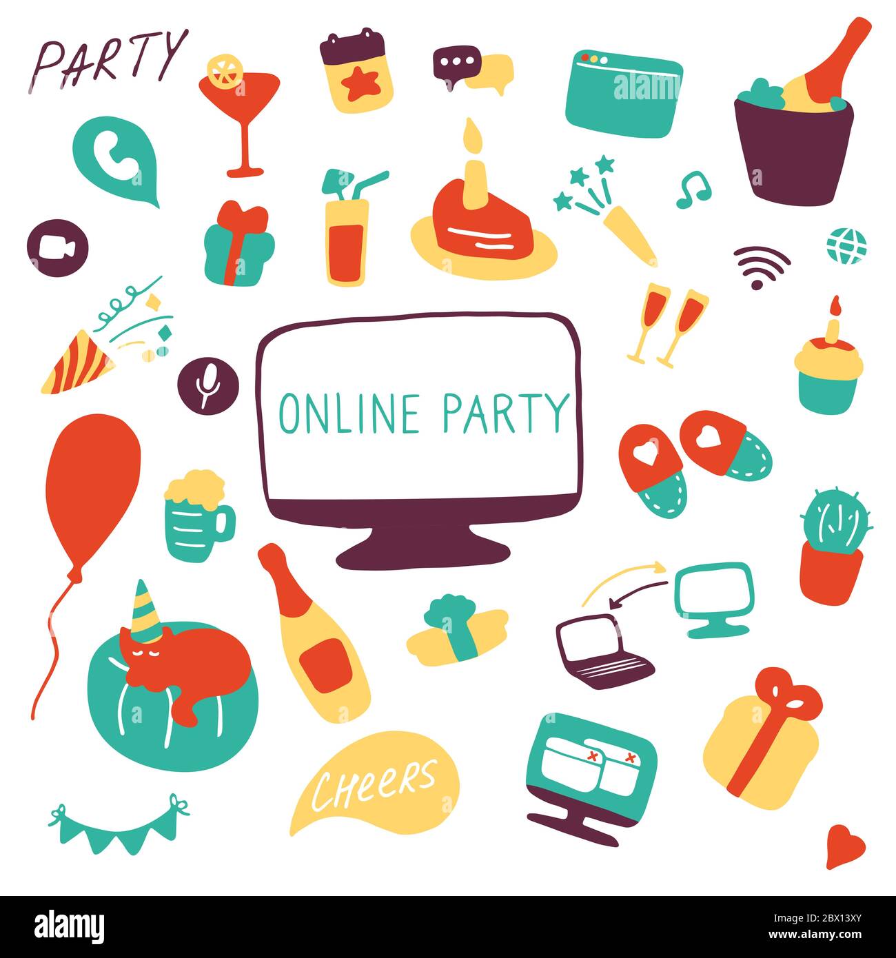 Online party icon set. Doodle celebration signs. Hand drawn flat vector ...