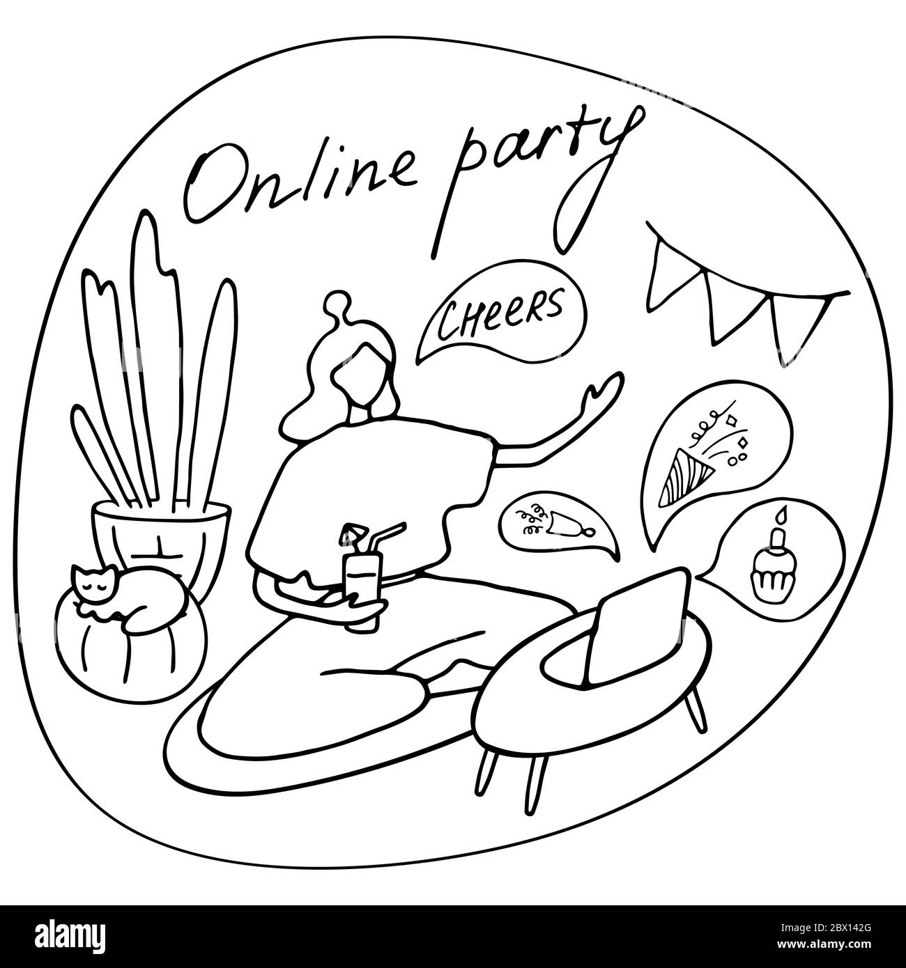 Online party, birthday, virtual meeting friends. Girl sitting in front ...