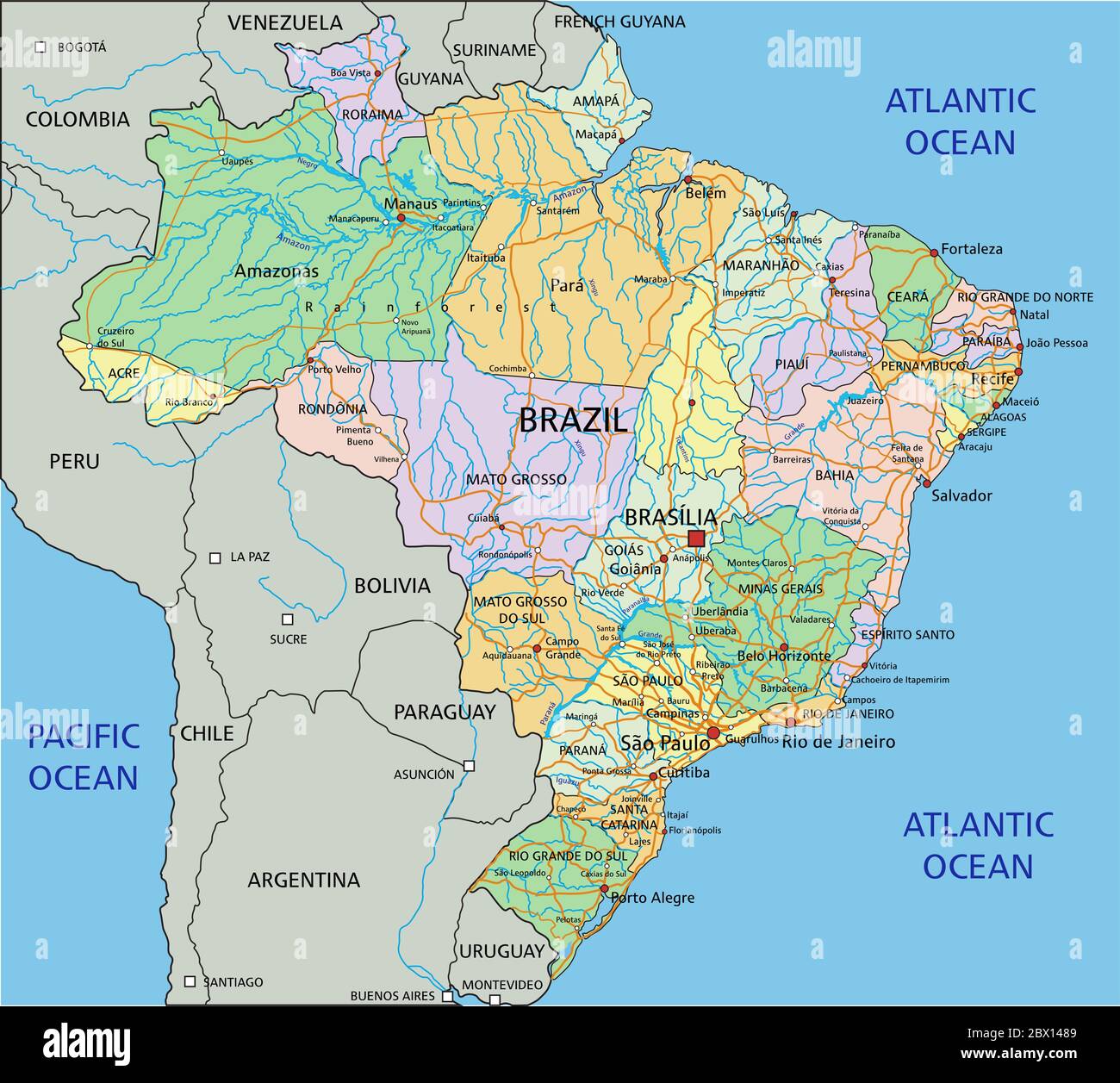 Brazil - Highly detailed editable political map with separated layers ...