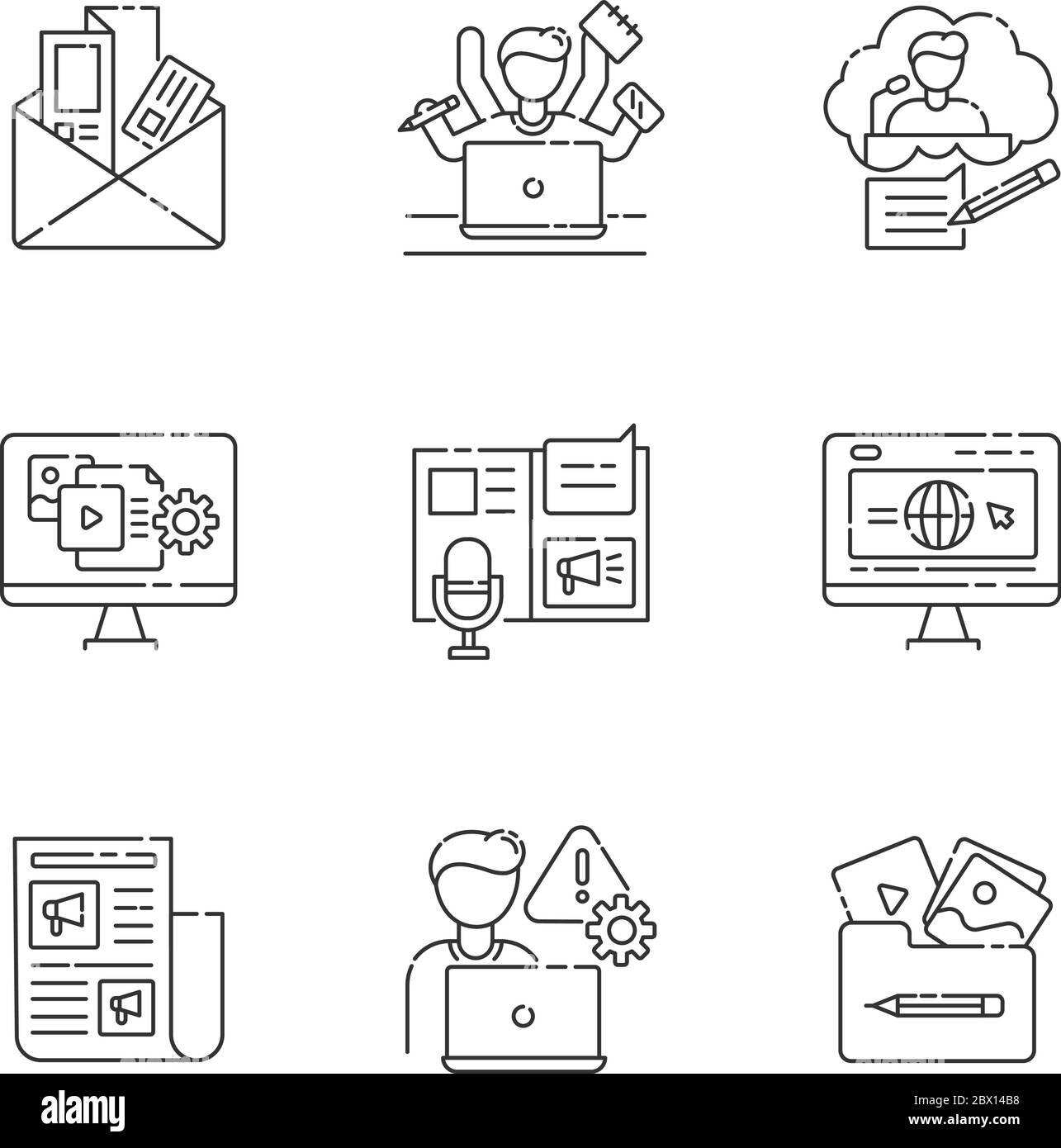 Blogging pixel perfect linear icons set. Newsletter and brochure ...