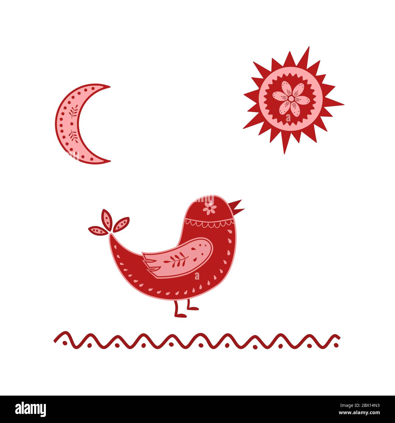Folk art. Bird, sun and moon decorated in folk style with decorative ...