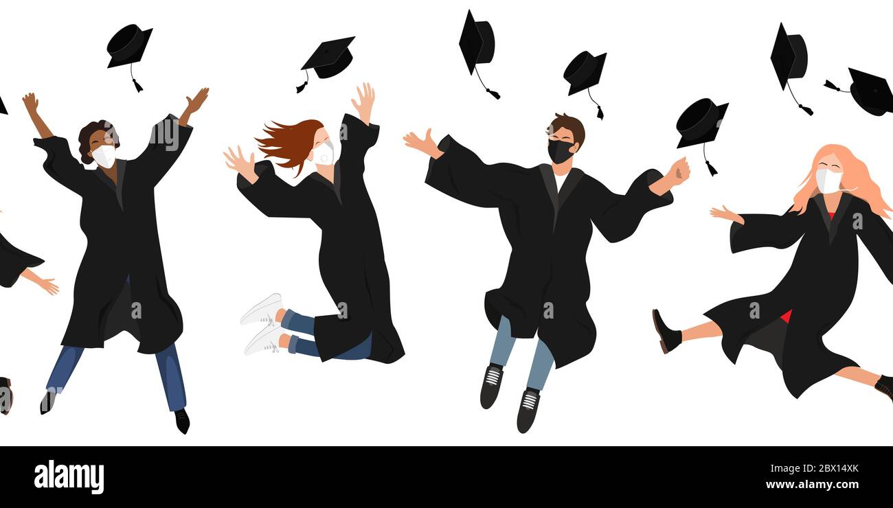 Seamless border with happy graduate students in medical masks. 2020 ...