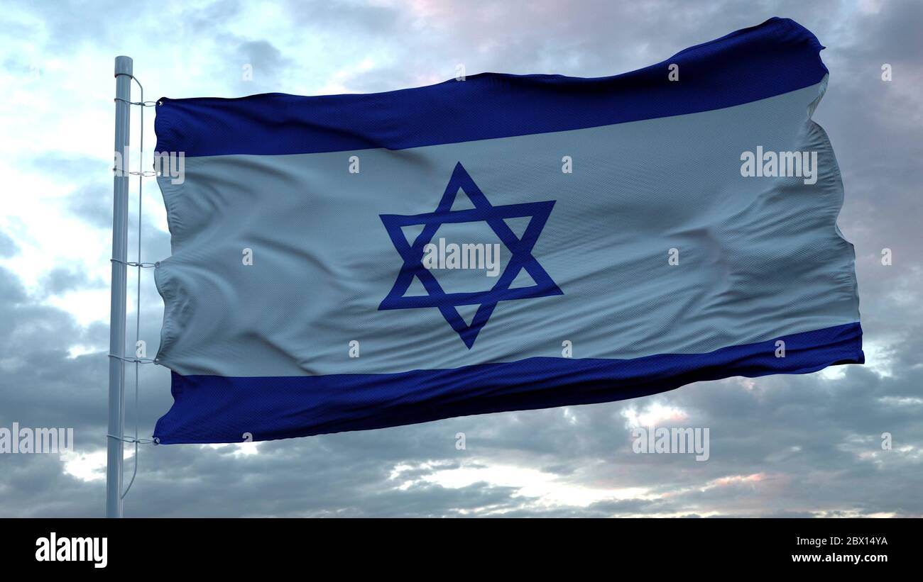 Flag of Israel waving in the wind against deep beautiful clouds sky. 3d ...