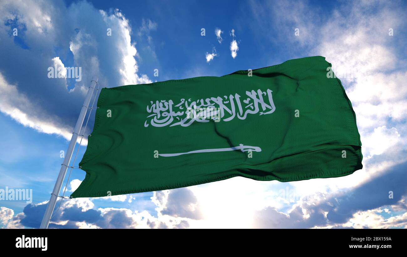 Realistic Flag of Saudi Arabia waving at wind with blue sky. 3d ...
