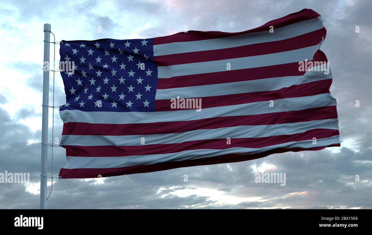 Flag of USA waving in the wind against deep beautiful clouds sky. USA ...