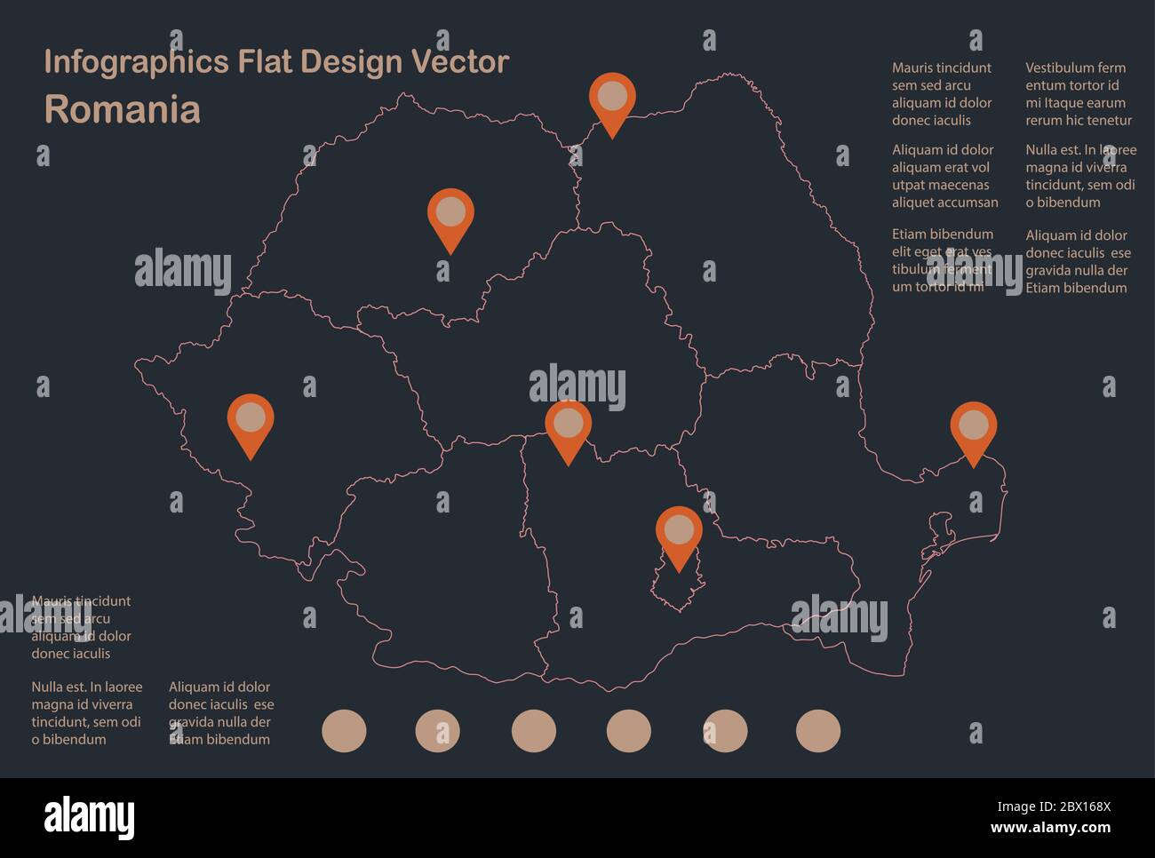 Infographics Romania map outline, flat design, color blue orange vector ...
