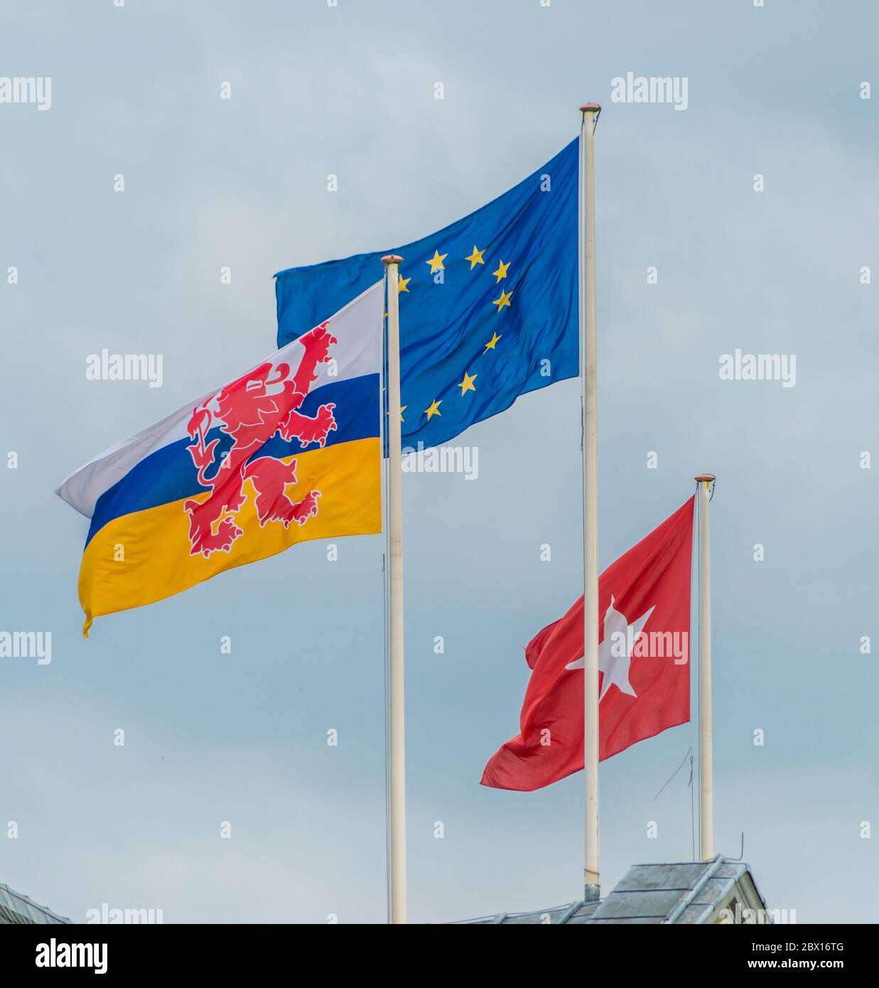Limburg Provence and EU flagg on top of the historic town hall in the ...