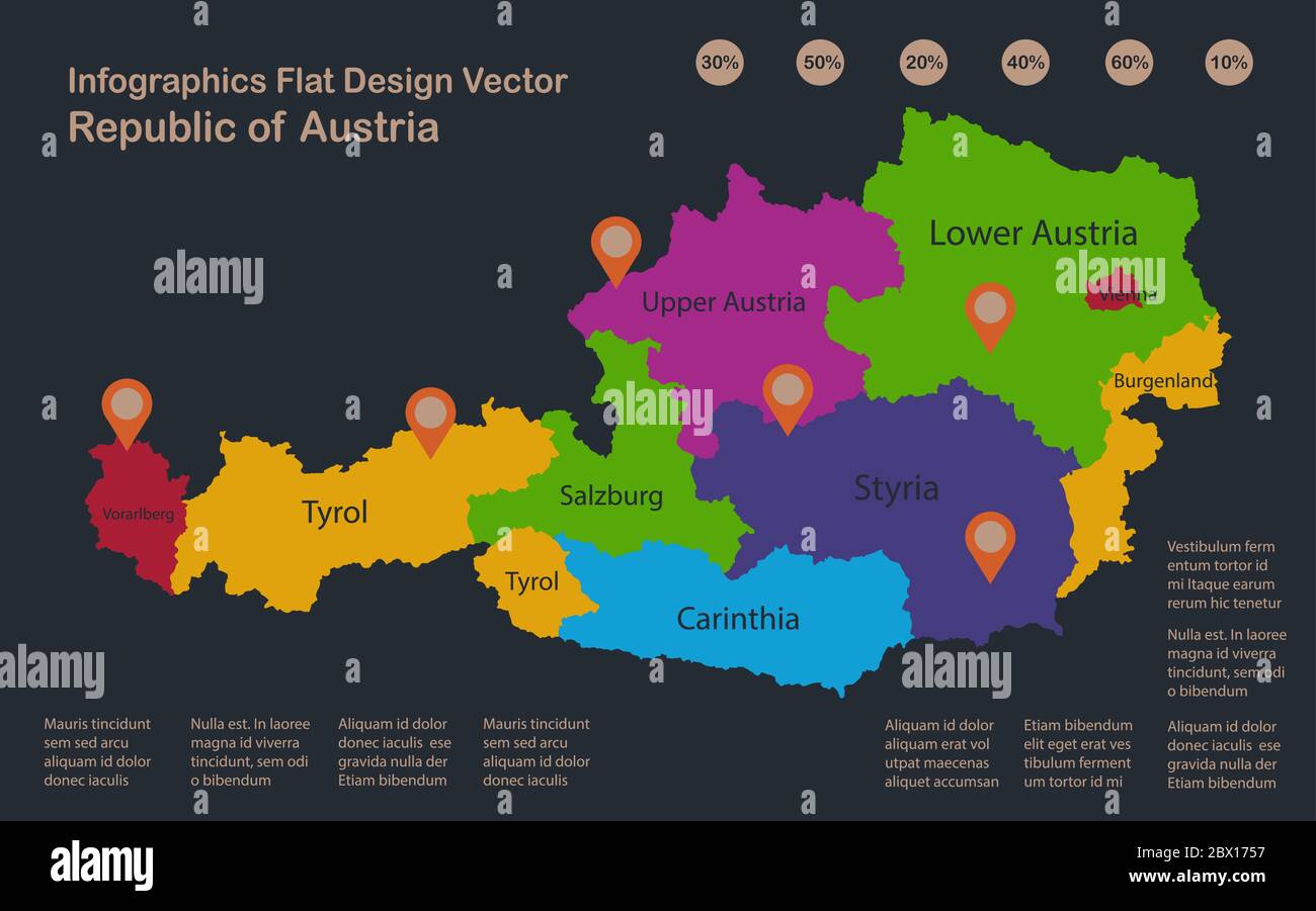 Infographics Austria map, flat design colors, names of individual ...
