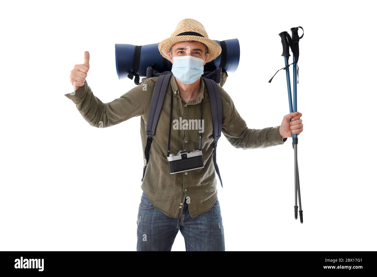 Masked man backpack happy travel hi-res stock photography and images ...
