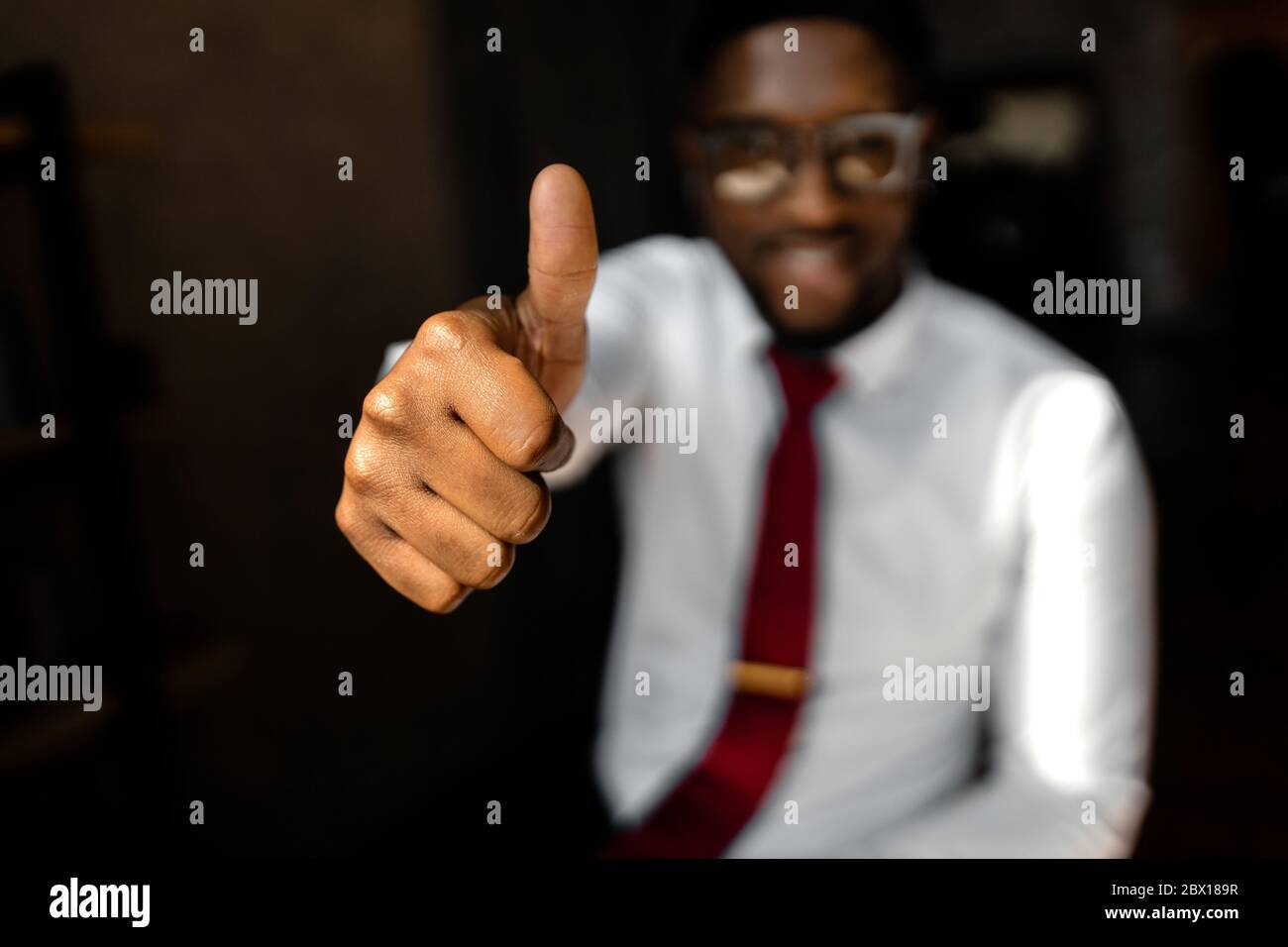 Business man stretched forward his hand gesticulating class lifting his ...