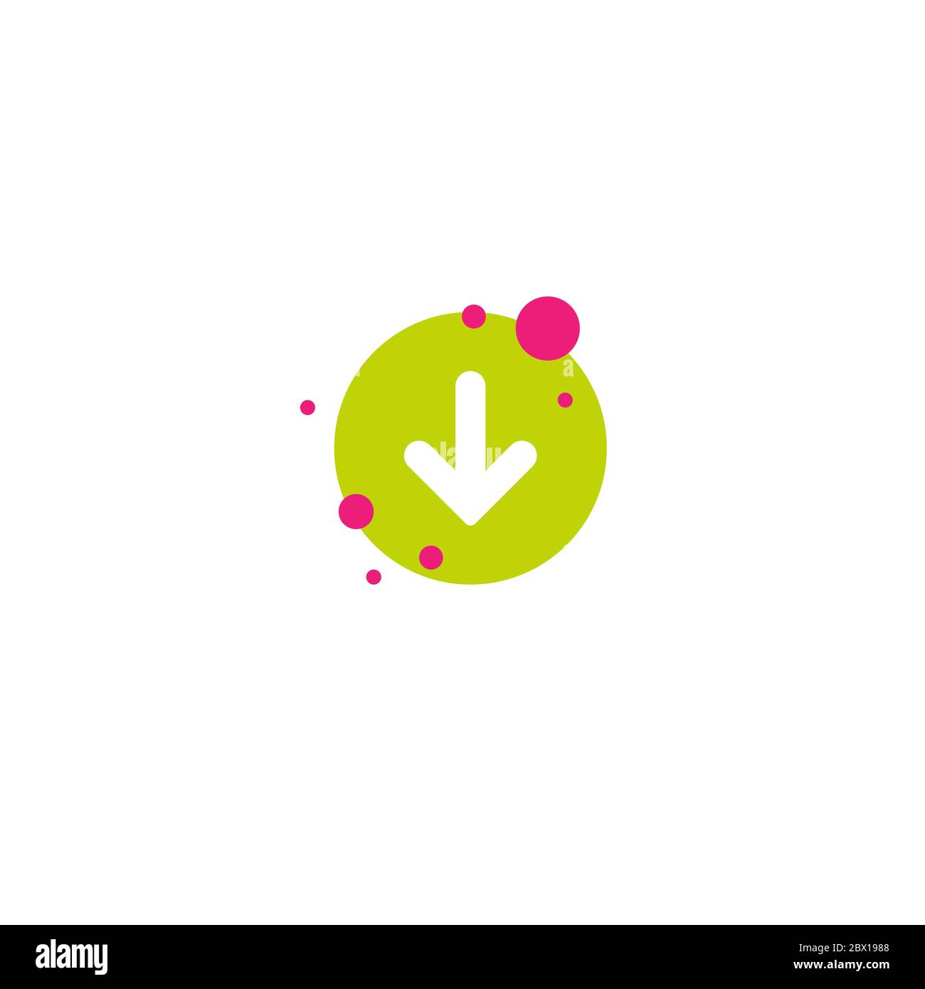 White rounded arrow down in green circle with bubbles icon. flat ...