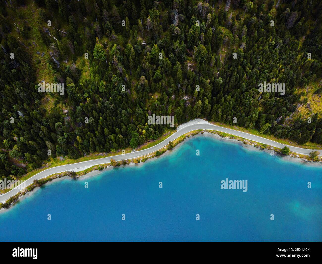 Aerial view of the autumn colours at Lake Plansee in Tyrol, Austria ...