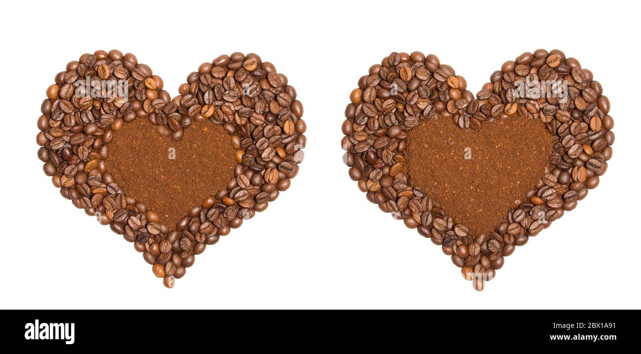 Heart made from coffee beans with ground coffee inside. Fresh roast ...
