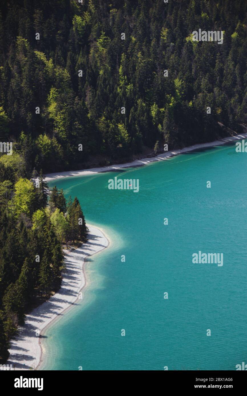 Aerial view of the autumn colours at Lake Plansee in Tyrol, Austria ...