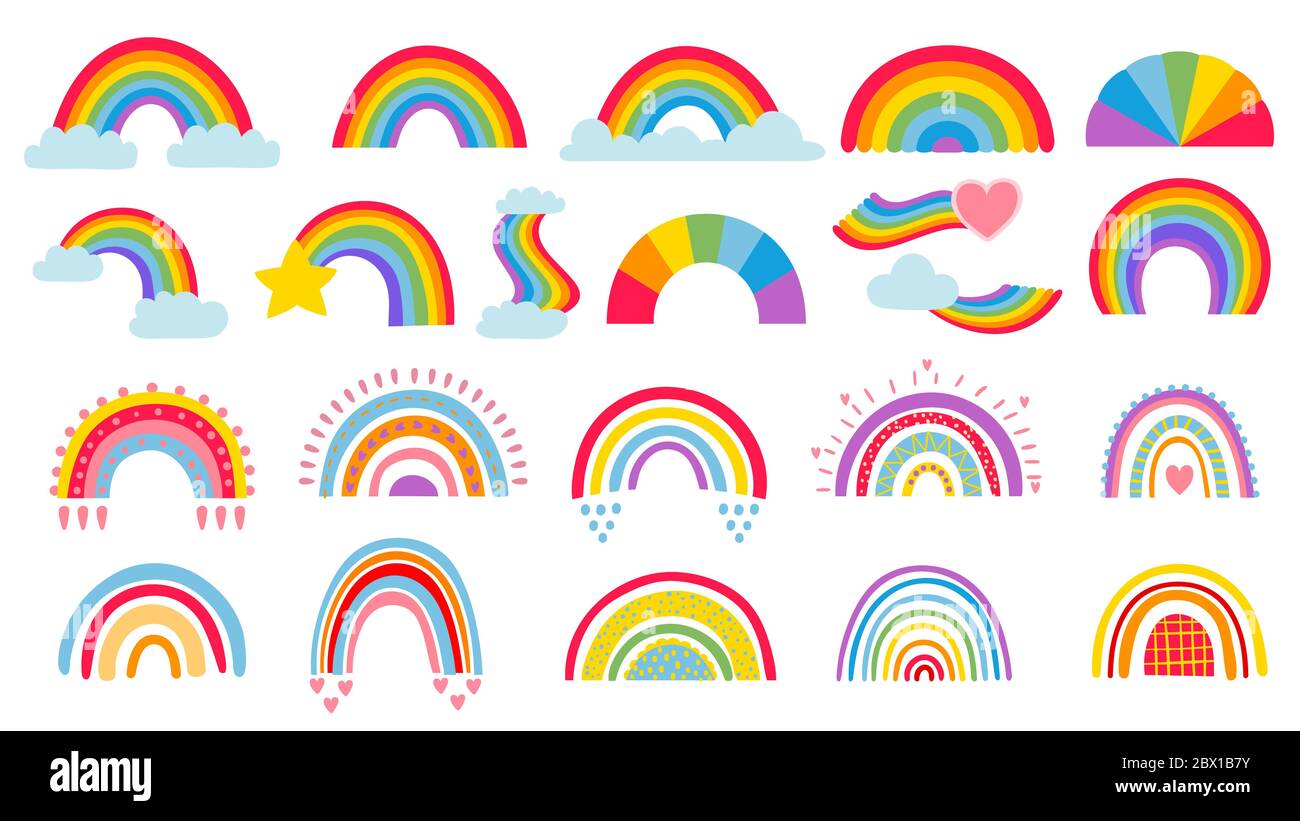 Cartoon rainbow. Colourful rainbows, heart and cloud with rainbow ...