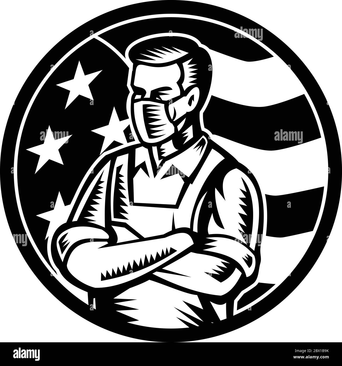 Black and white illustration of a food worker, grocery, supermarket ...