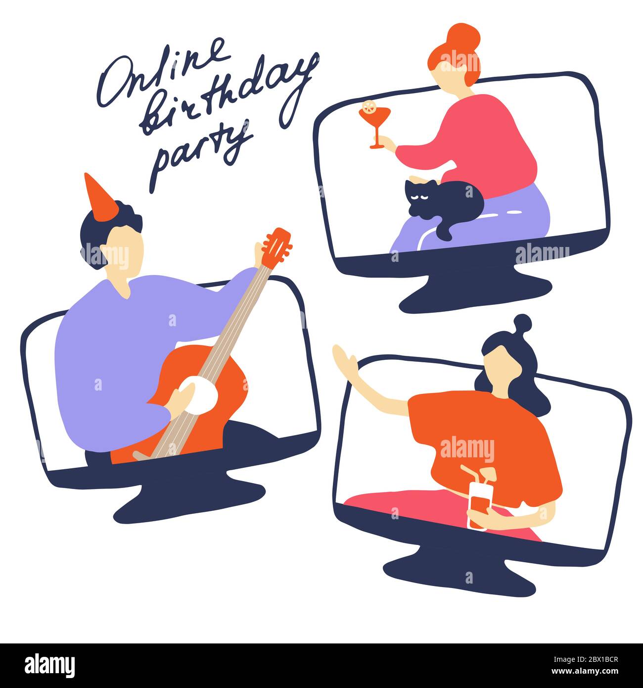 Online quarantine party. Colored characters in different monitors ...