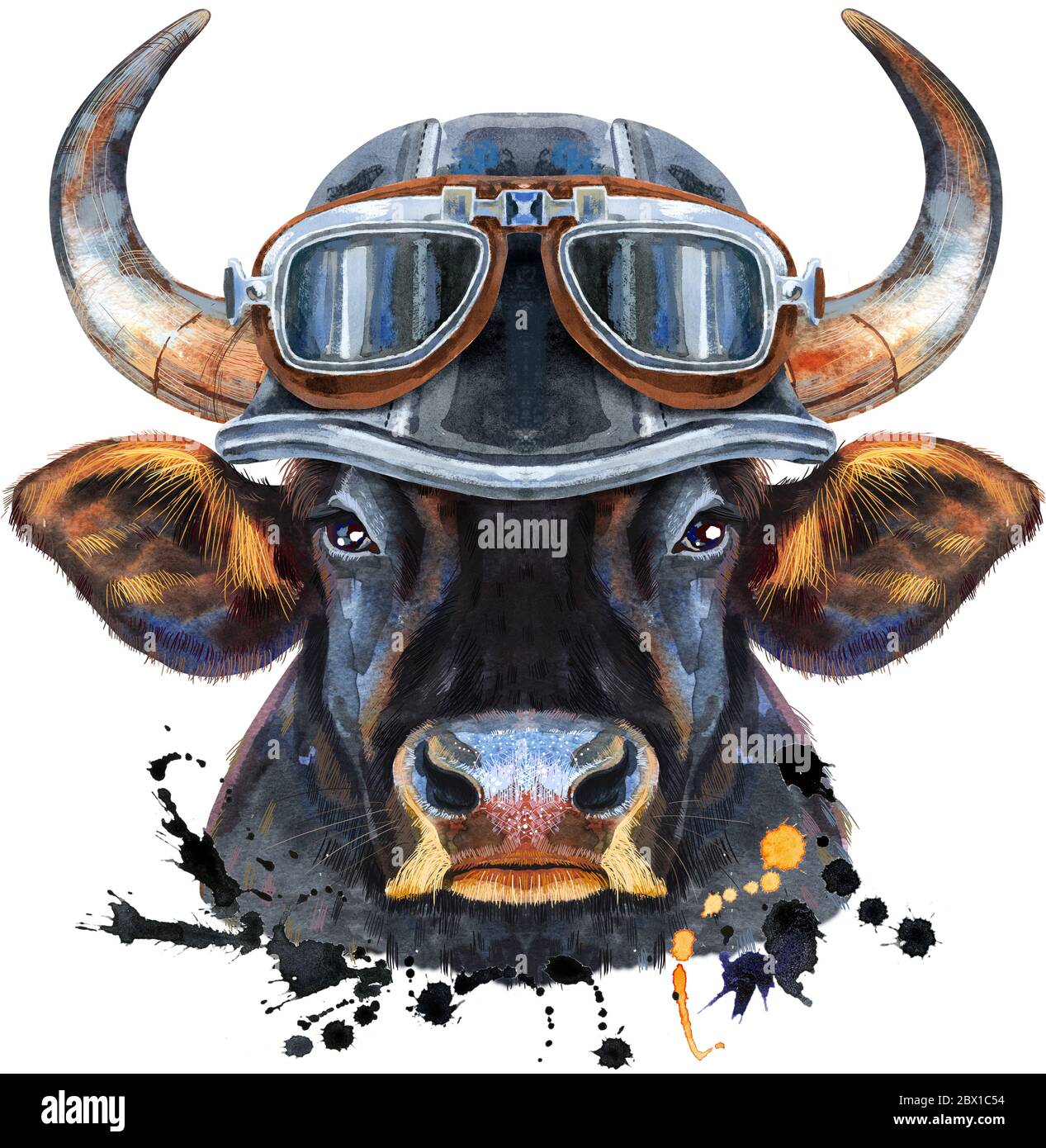 Watercolor illustration of black powerful bull in a biker helmet with ...