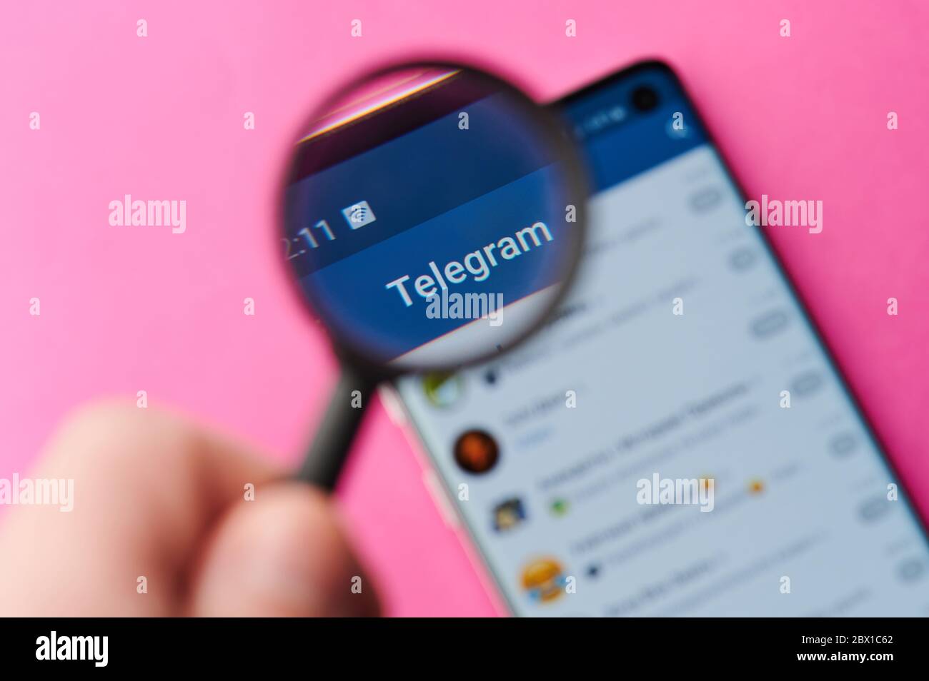 New-York , USA - June 4 , 2020: Using telegram app on modern smartphone ...