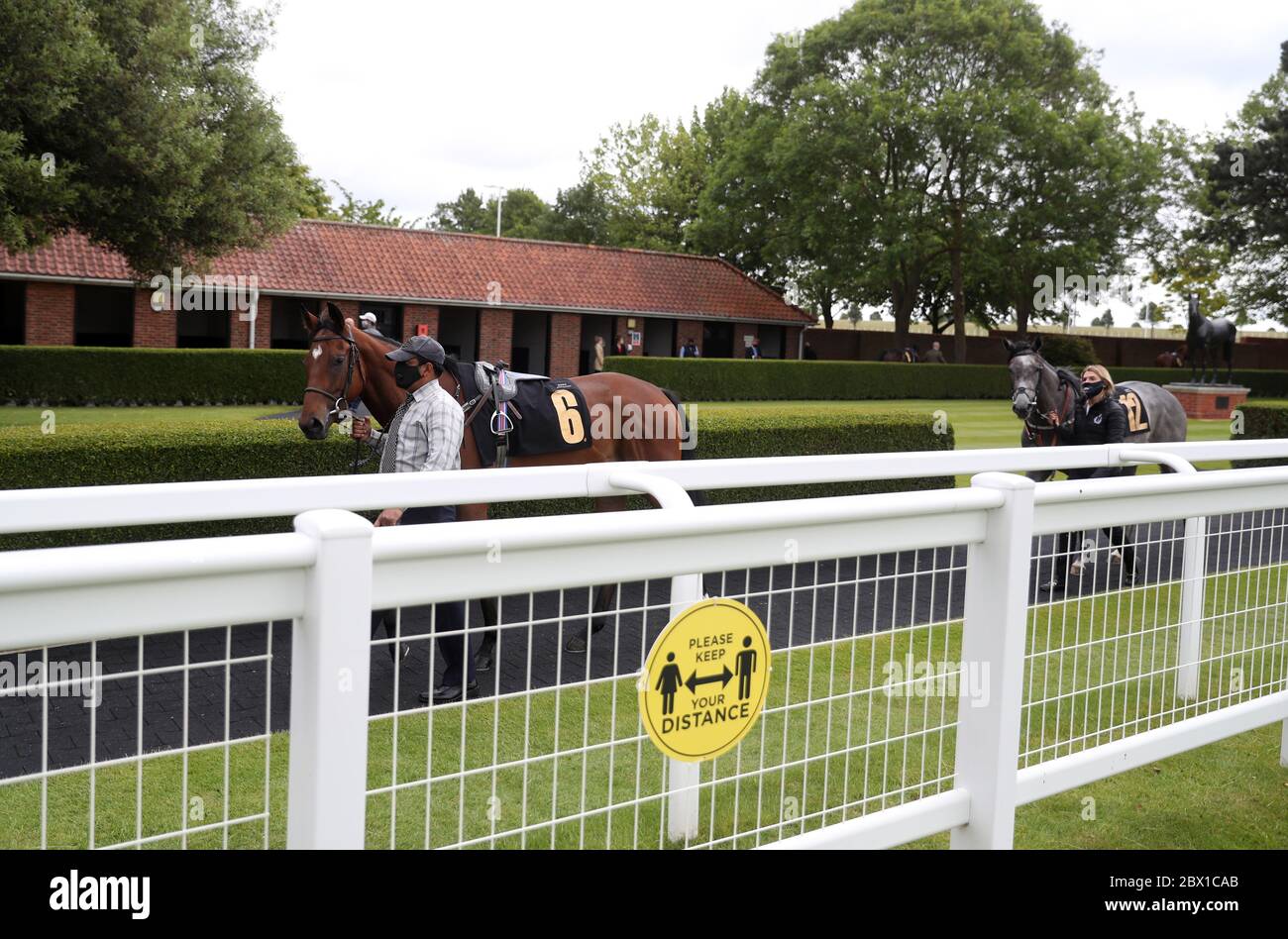 A social distancing sign as horses are led round at Newmarket ...
